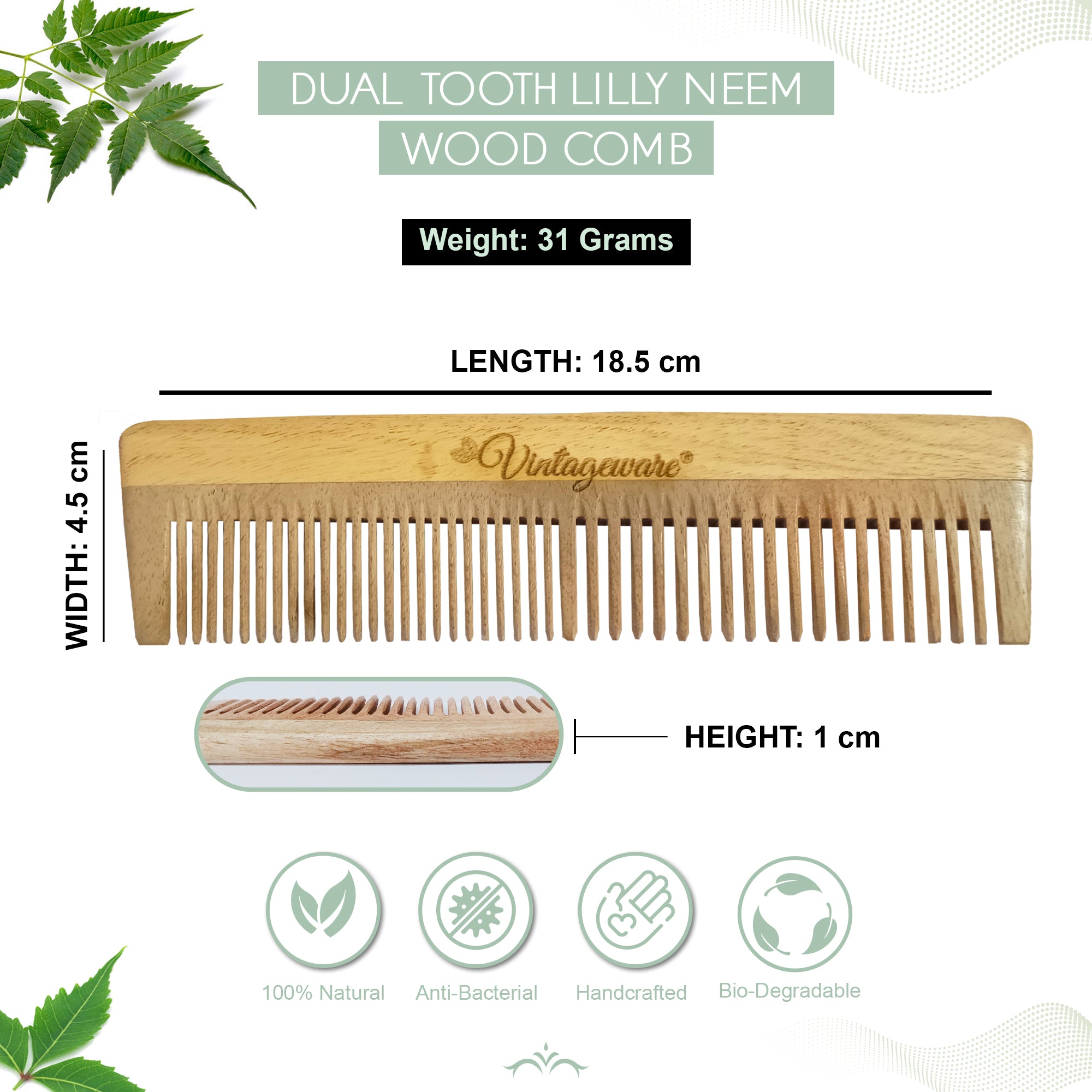 Dual Tooth Lilly Neem Wood Comb – Vintageware
